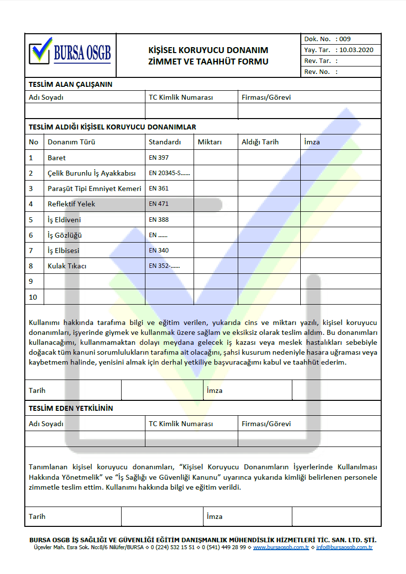 Kişisel Koruyucu Donanım Zimmet ve Taahhüt Formu (FRM-009) - Bursa OSGB ...